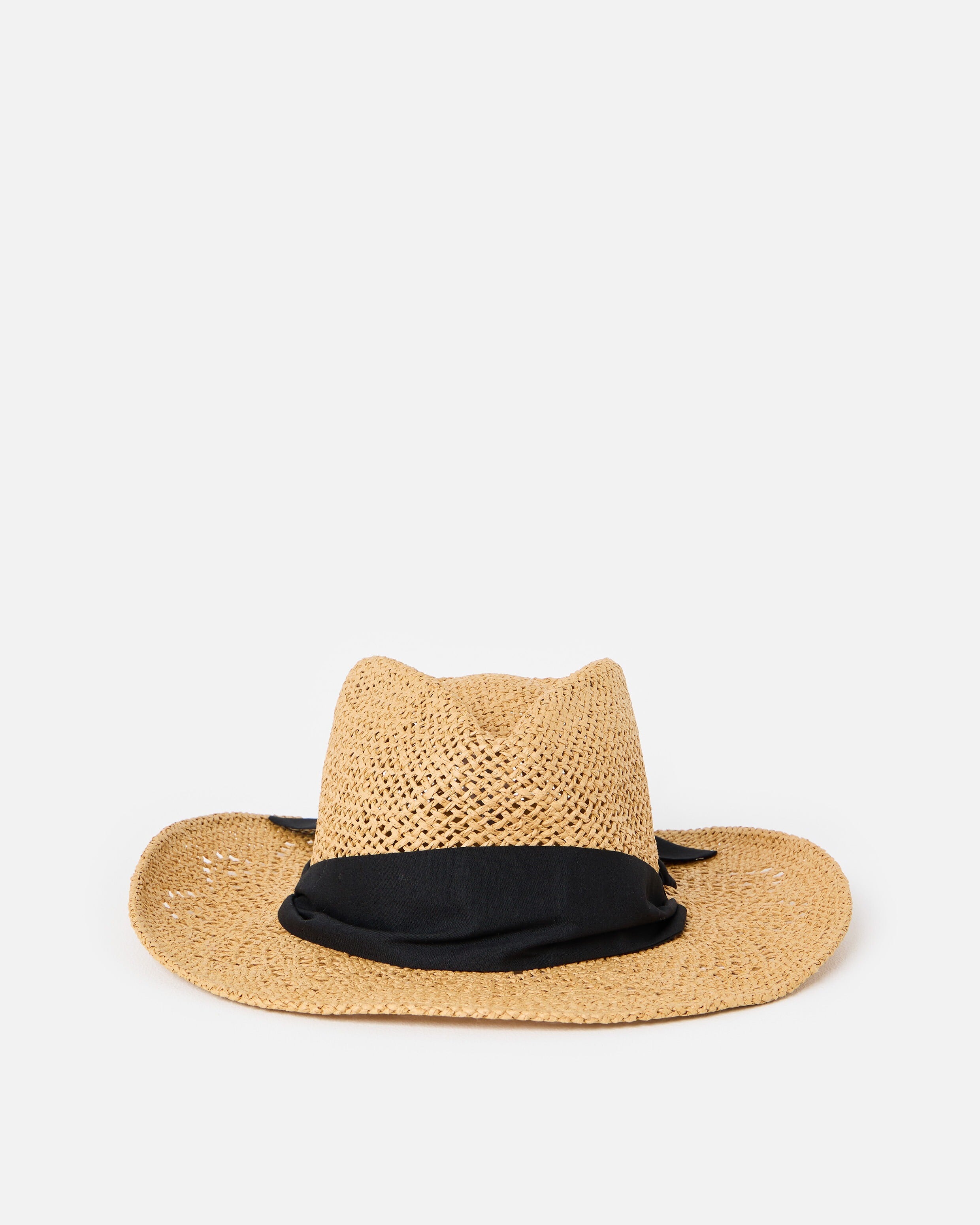 Natural Brown Open Weave Straw Cowboy Hat with Black Bow | Oliver Bonas