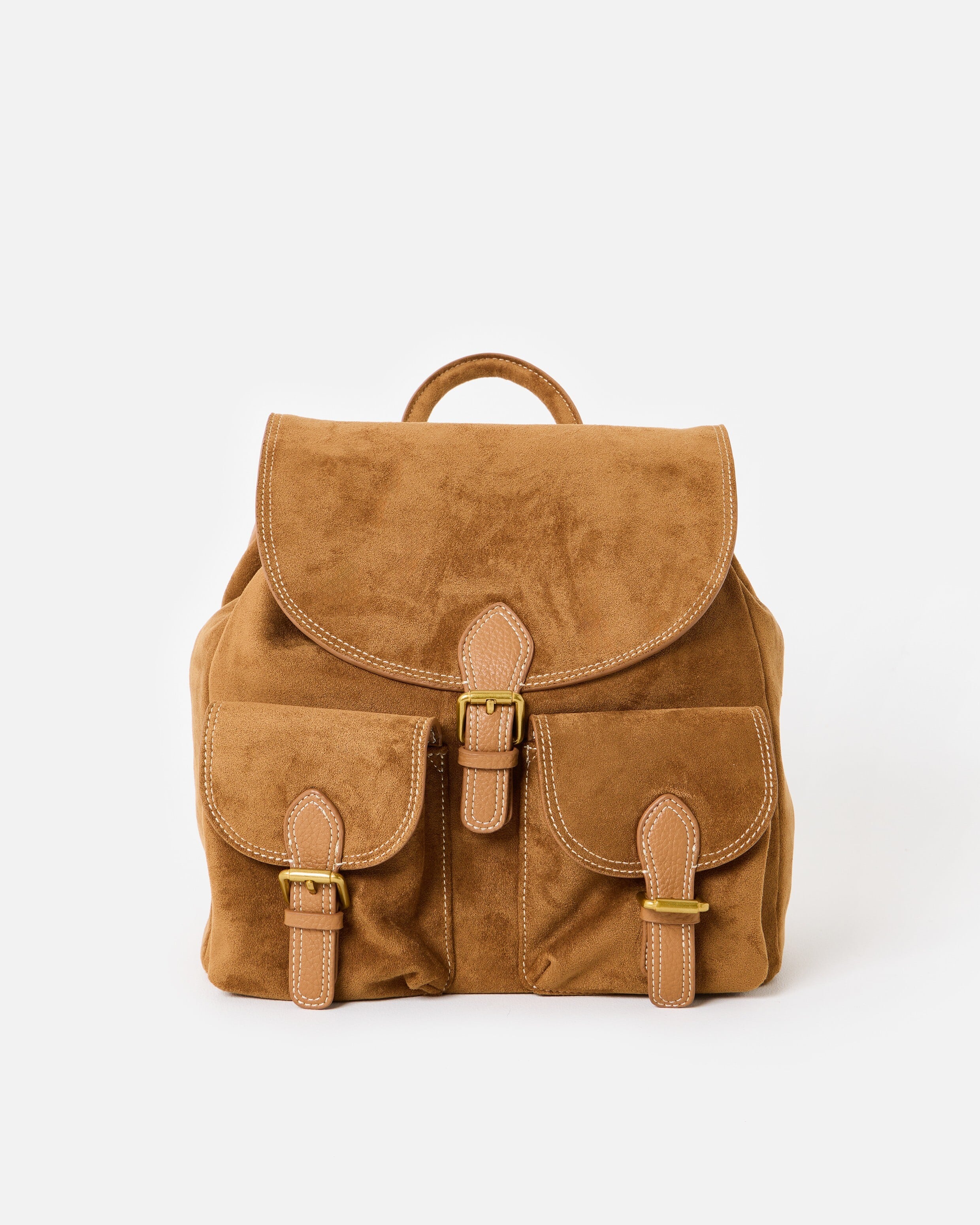 Kerry Camel Brown Faux Suede Buckle Backpack | Oliver Bonas