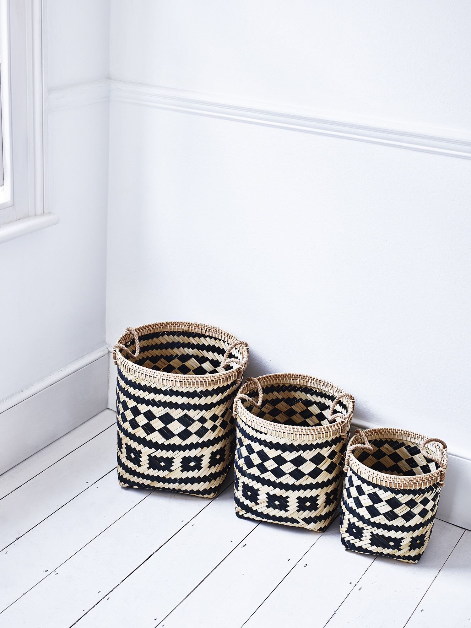 Black Woven Bamboo Patterned Baskets Set of Three | Oliver Bonas