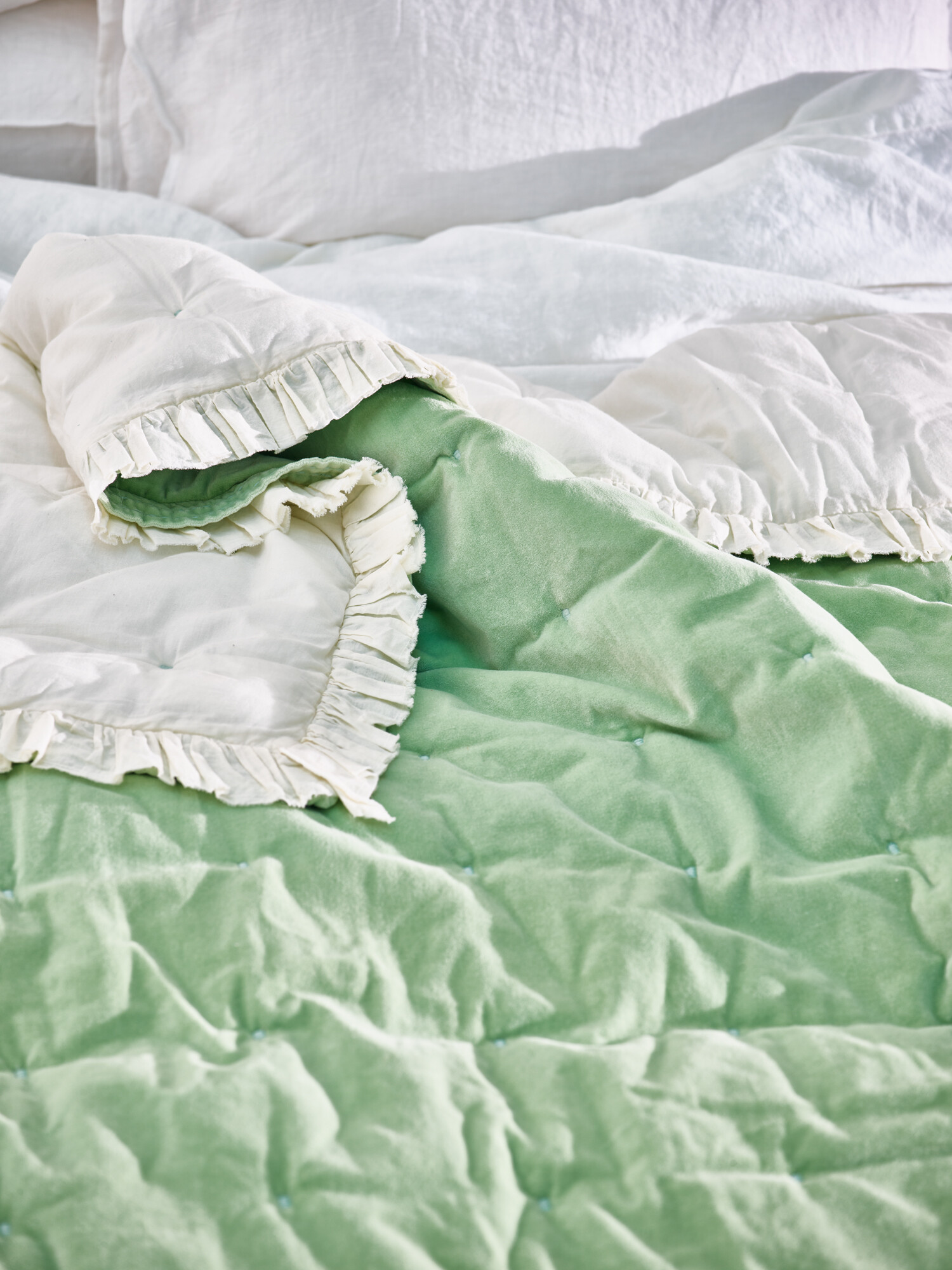 Green Ruffle Trim Velvet Quilt | Oliver Bonas