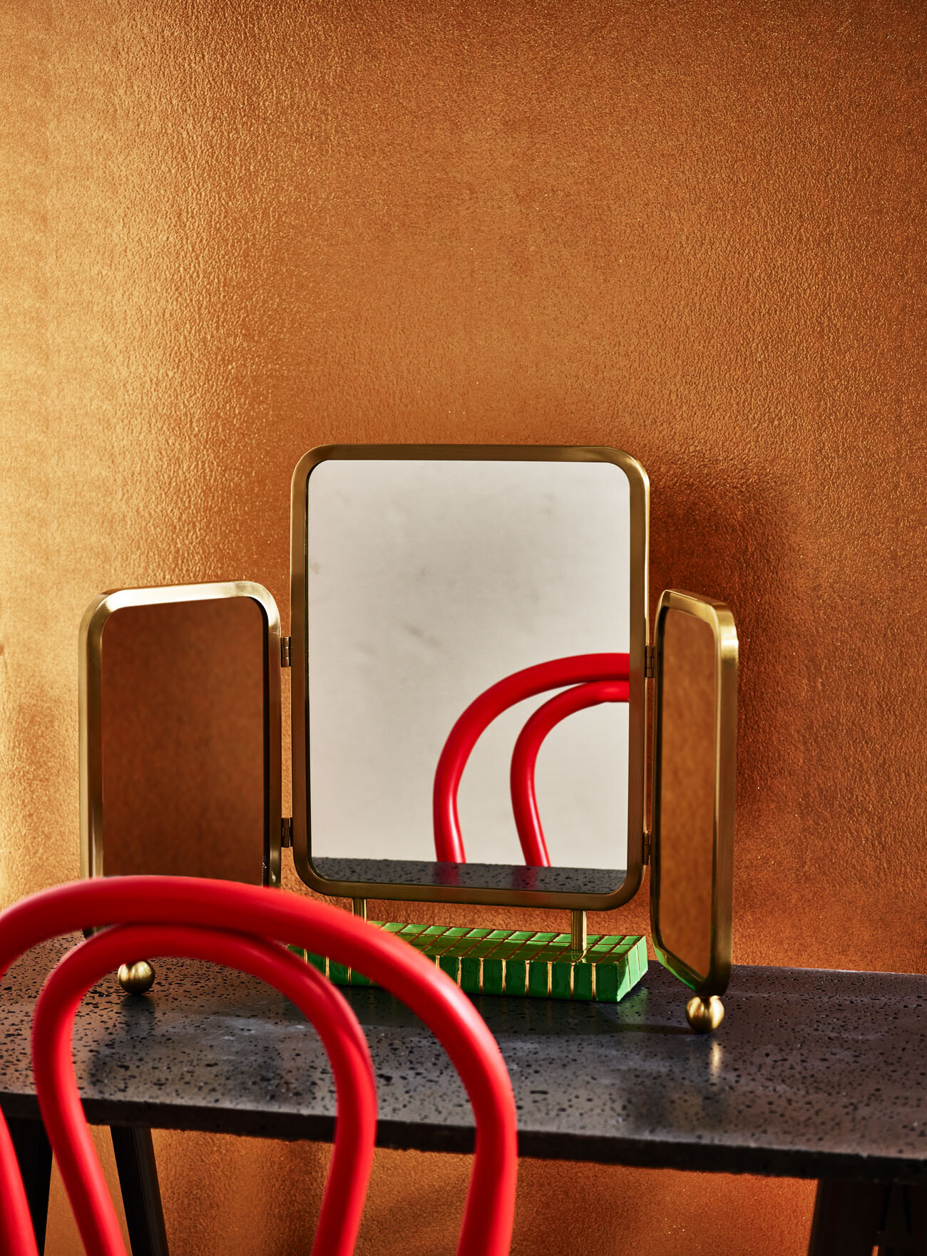 Cilo Gold & Green Triple Dressing Table Mirror | Oliver Bonas