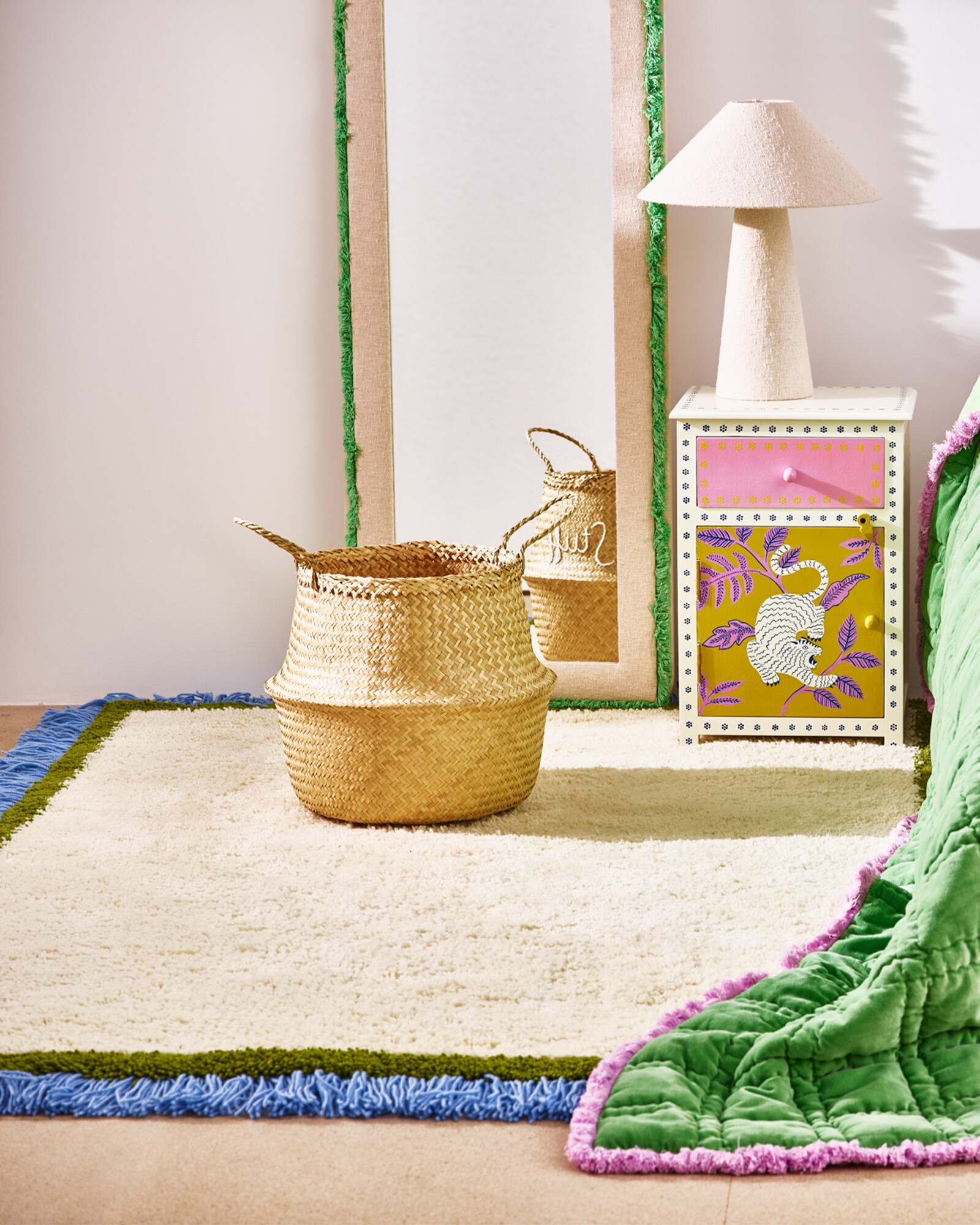 Danton Blue Fringed White Fluffy Rug 200x140cm | Oliver Bonas