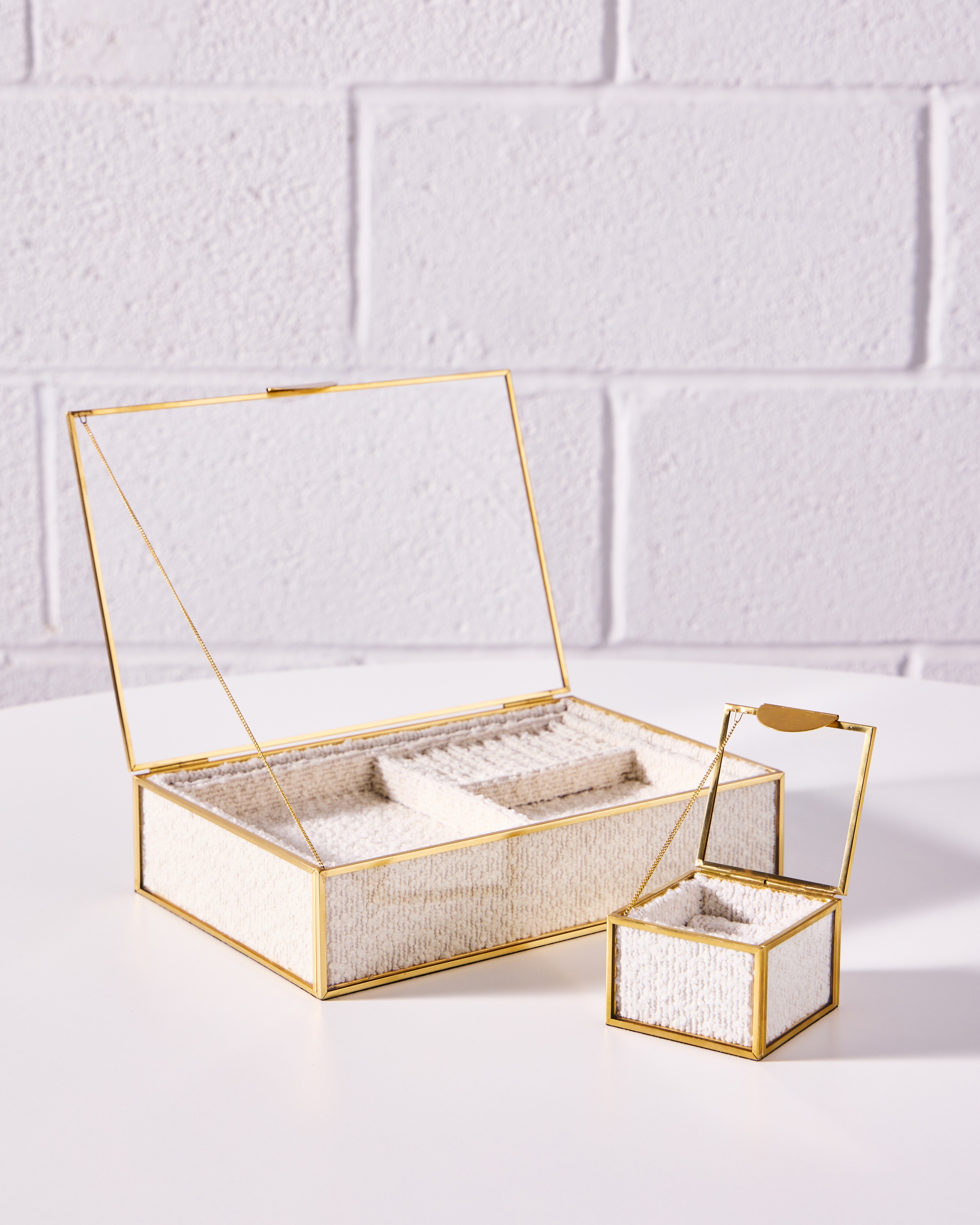 Gold & Glass Cream Boucle Jewellery Box | Oliver Bonas