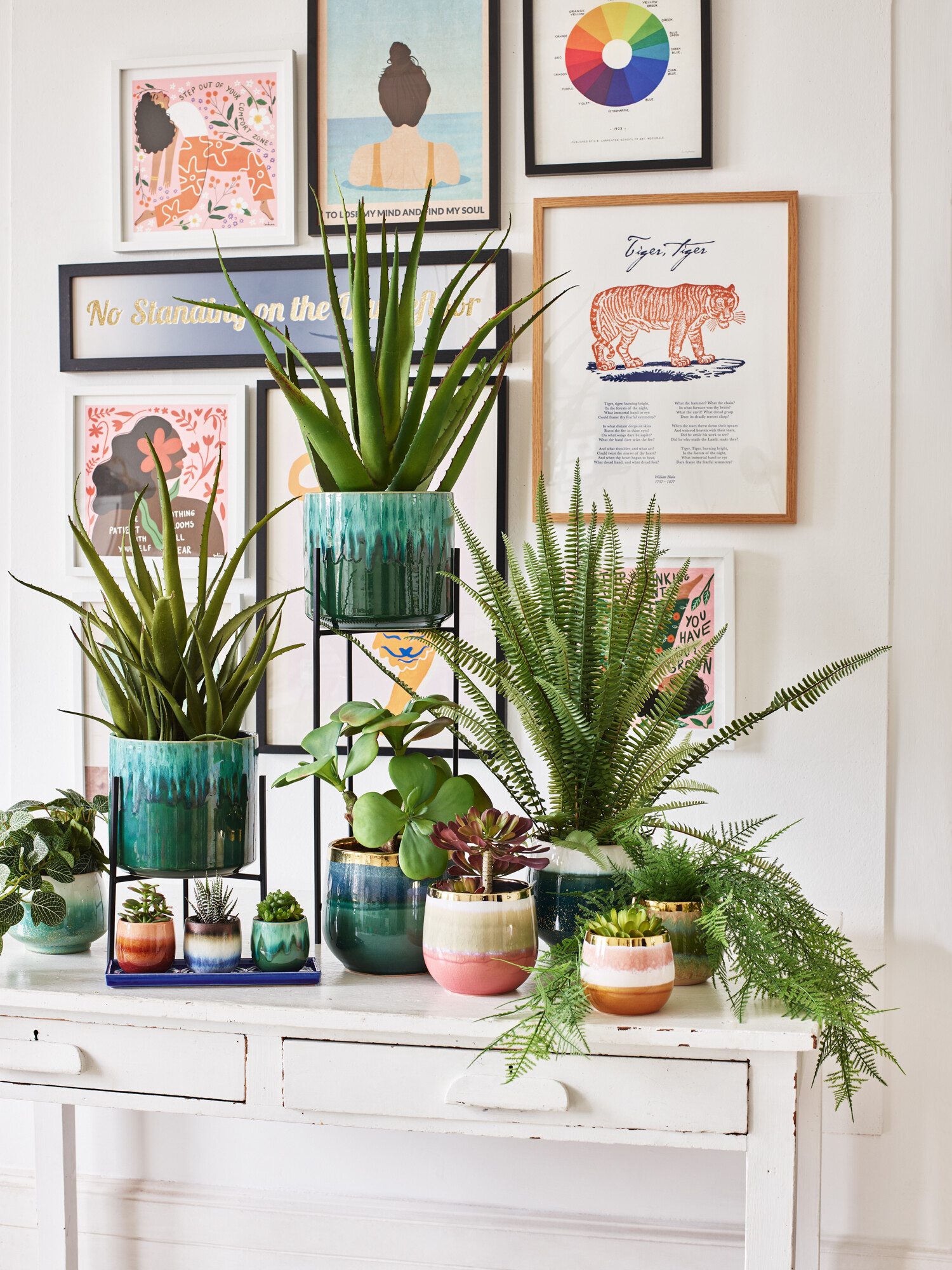 Lani Green Ceramic Plant Pot & Stand Short | Oliver Bonas