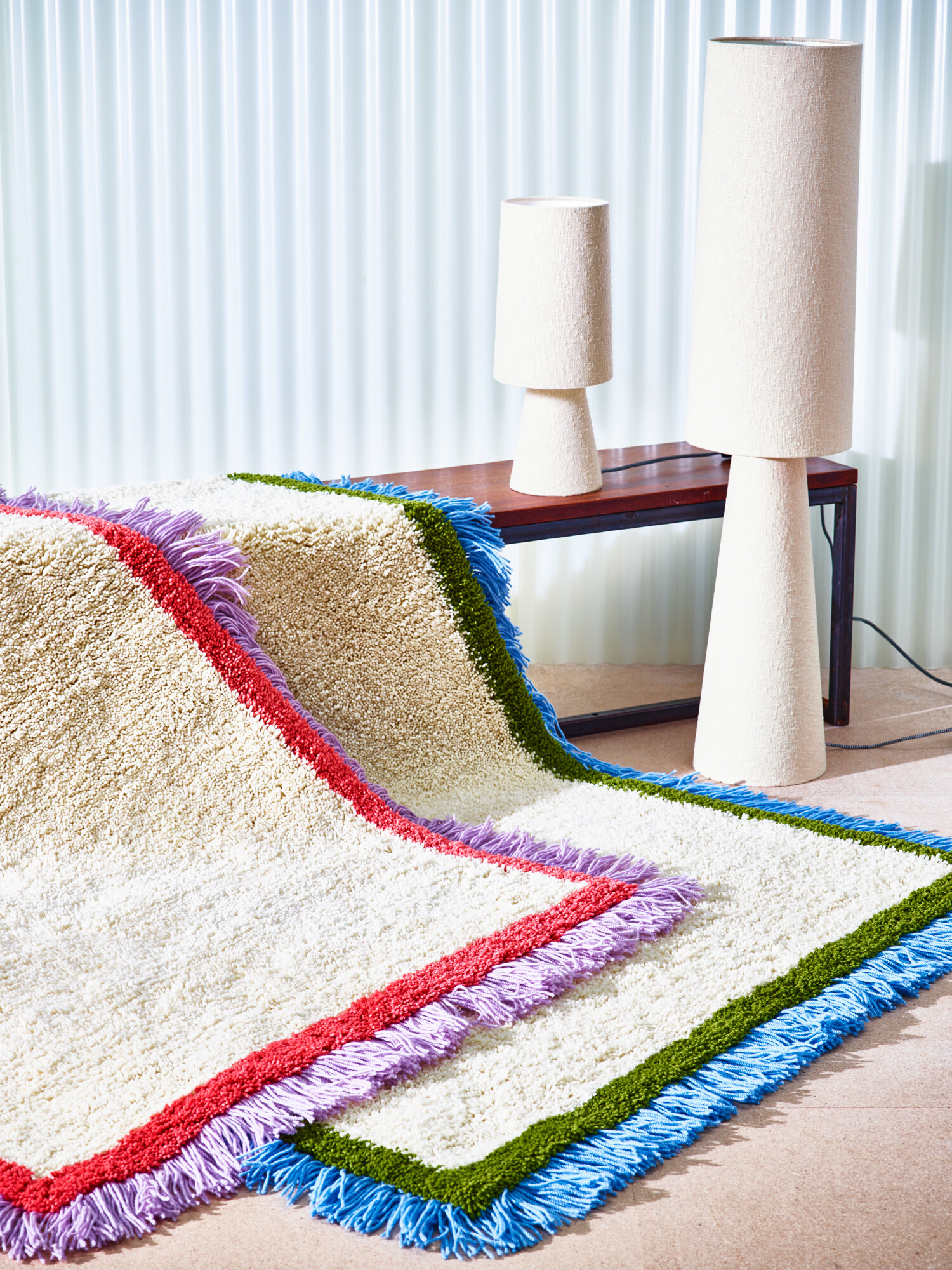 Danton Blue Fringed White Fluffy Rug 200x140cm | Oliver Bonas