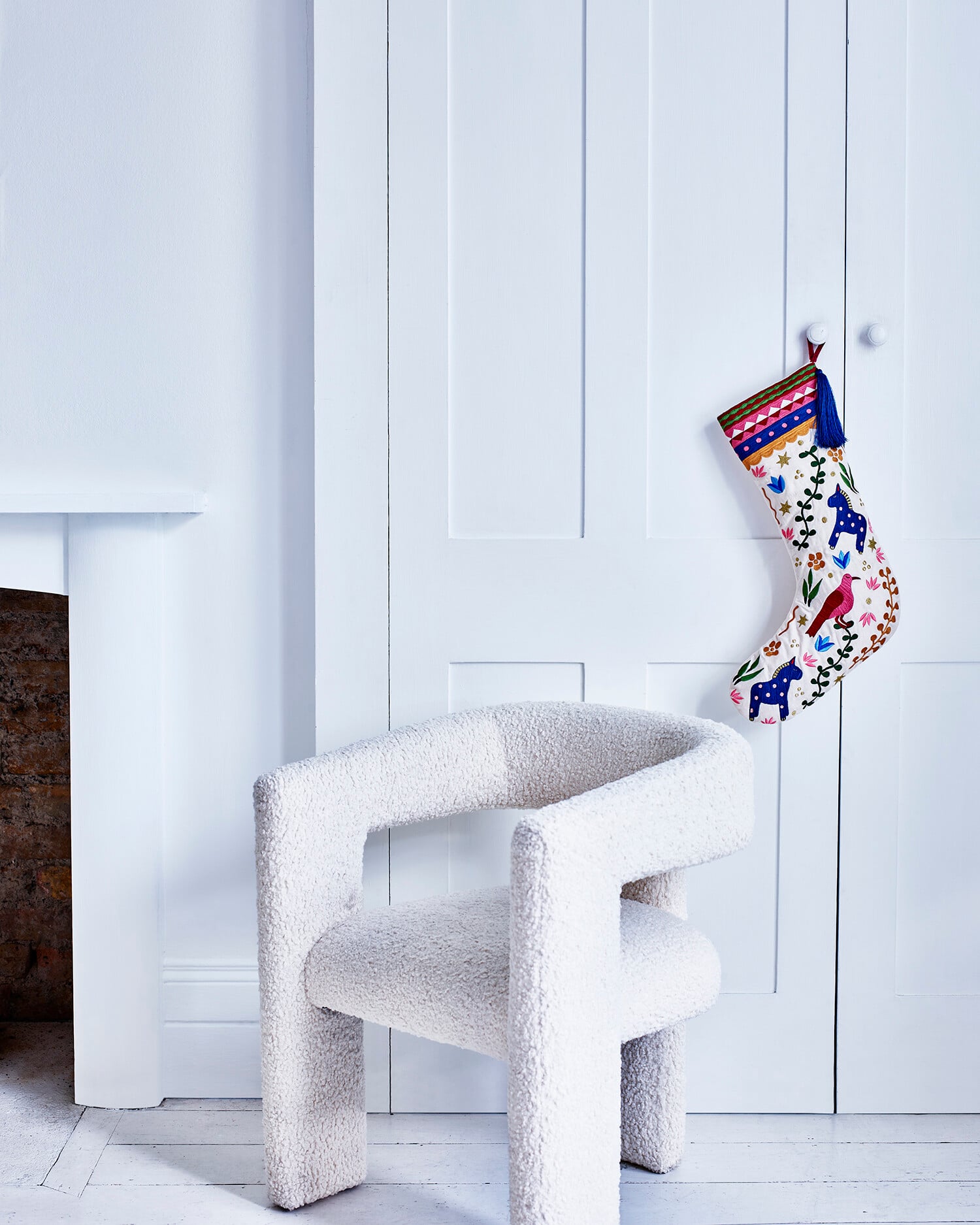 Embroidered White Fabric Christmas Stocking | Oliver Bonas