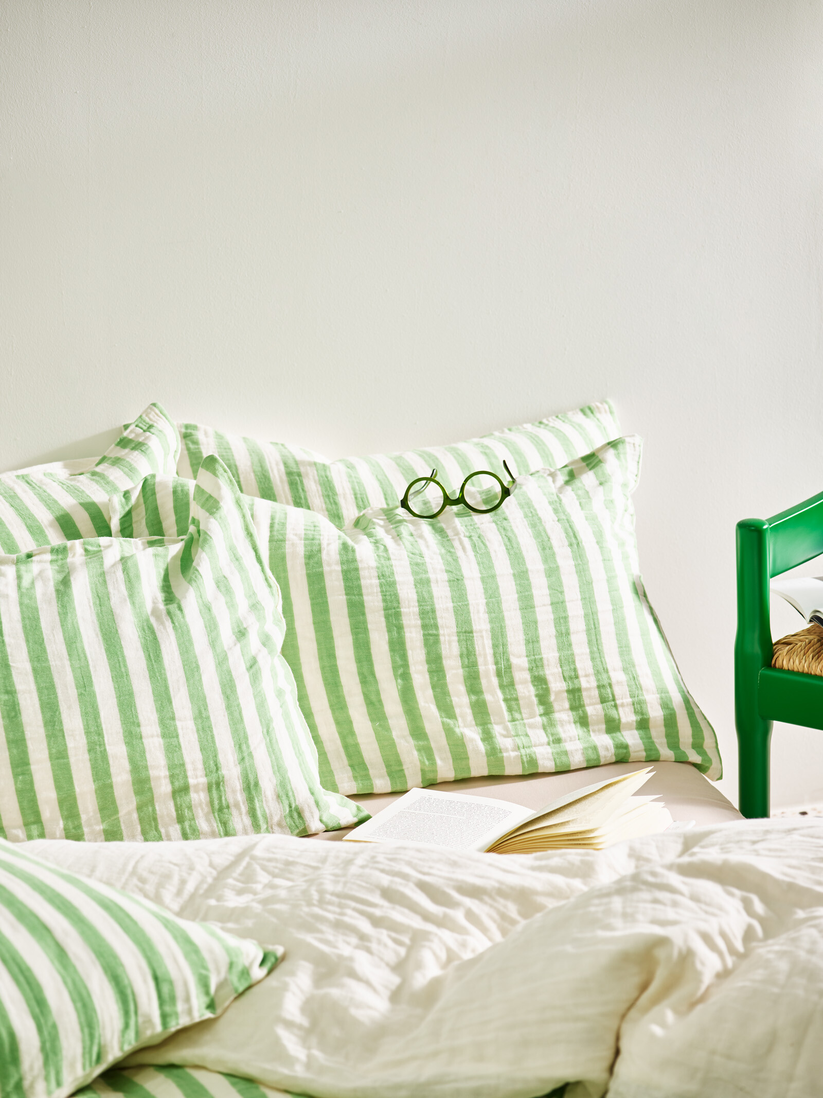 Green Muslin Striped Pillowcases Set of Two | Oliver Bonas