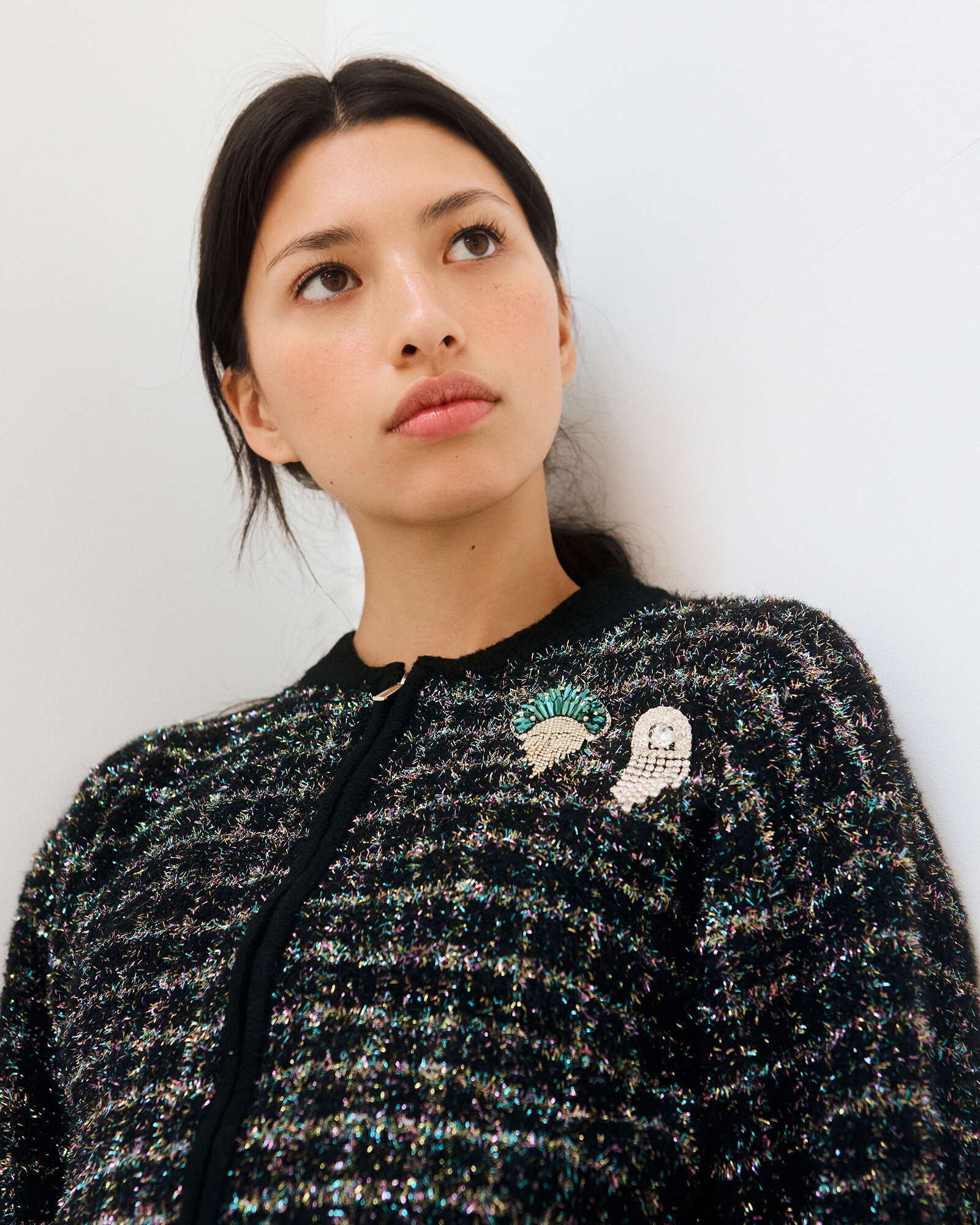 Black Sparkly Checked Knitted Bomber Jacket | Oliver Bonas