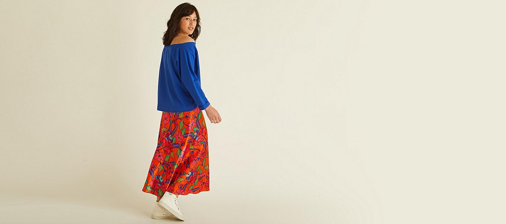 Bright Orange Floral Midi Skirt | Oliver Bonas