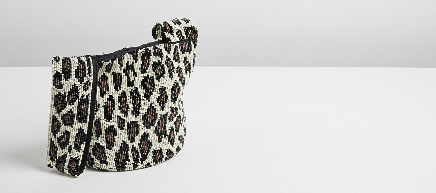 Lola Beaded Leopard Print Brown Clutch Bag | Oliver Bonas
